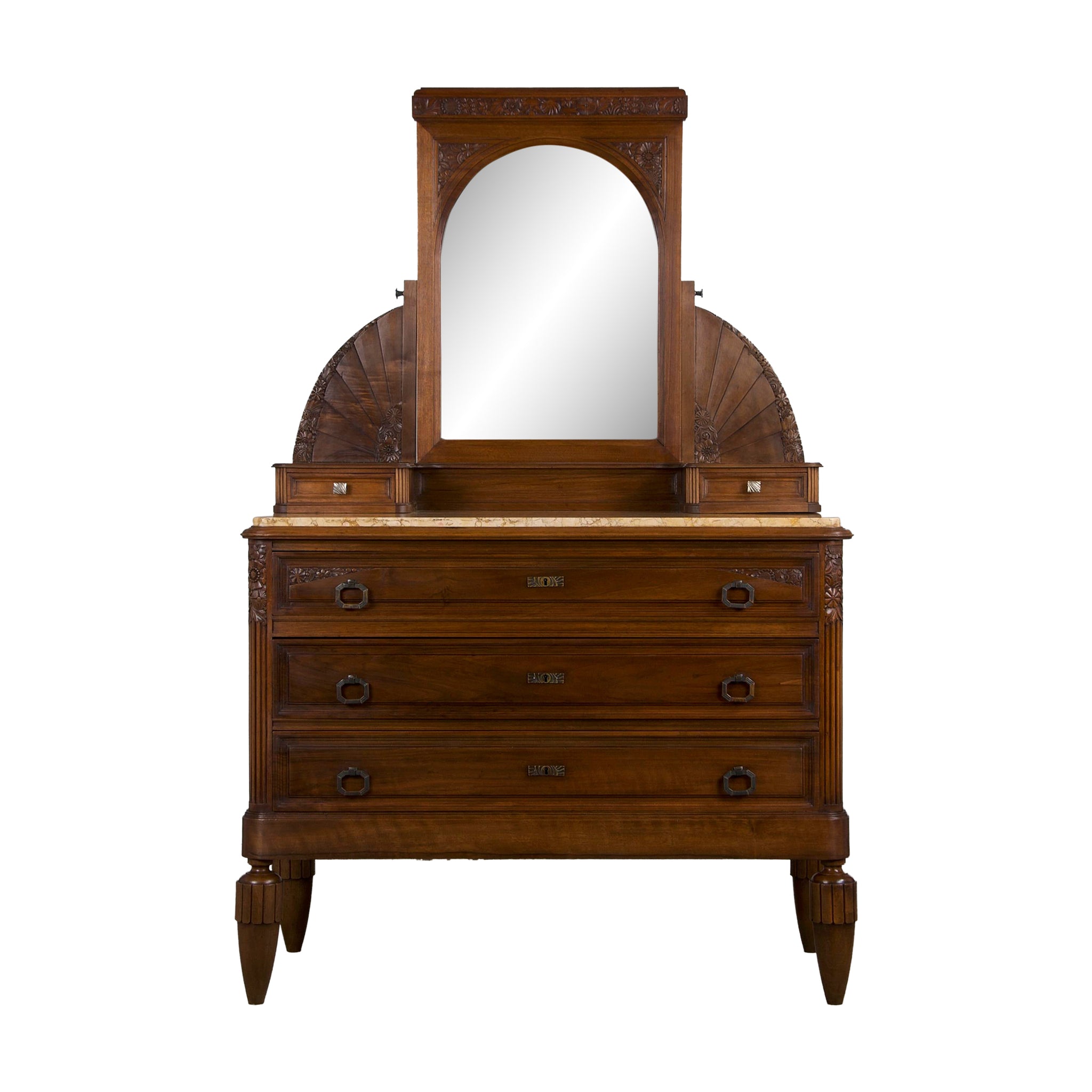 1930s French Art Deco Walnut Dresser W Marble Top and Mirror StandoutSpaces