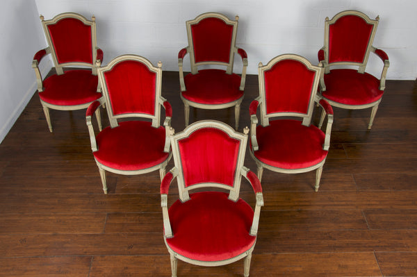 Antique French Louis XVI Style Painted Red Velvet Armchairs - Set of 6 ...